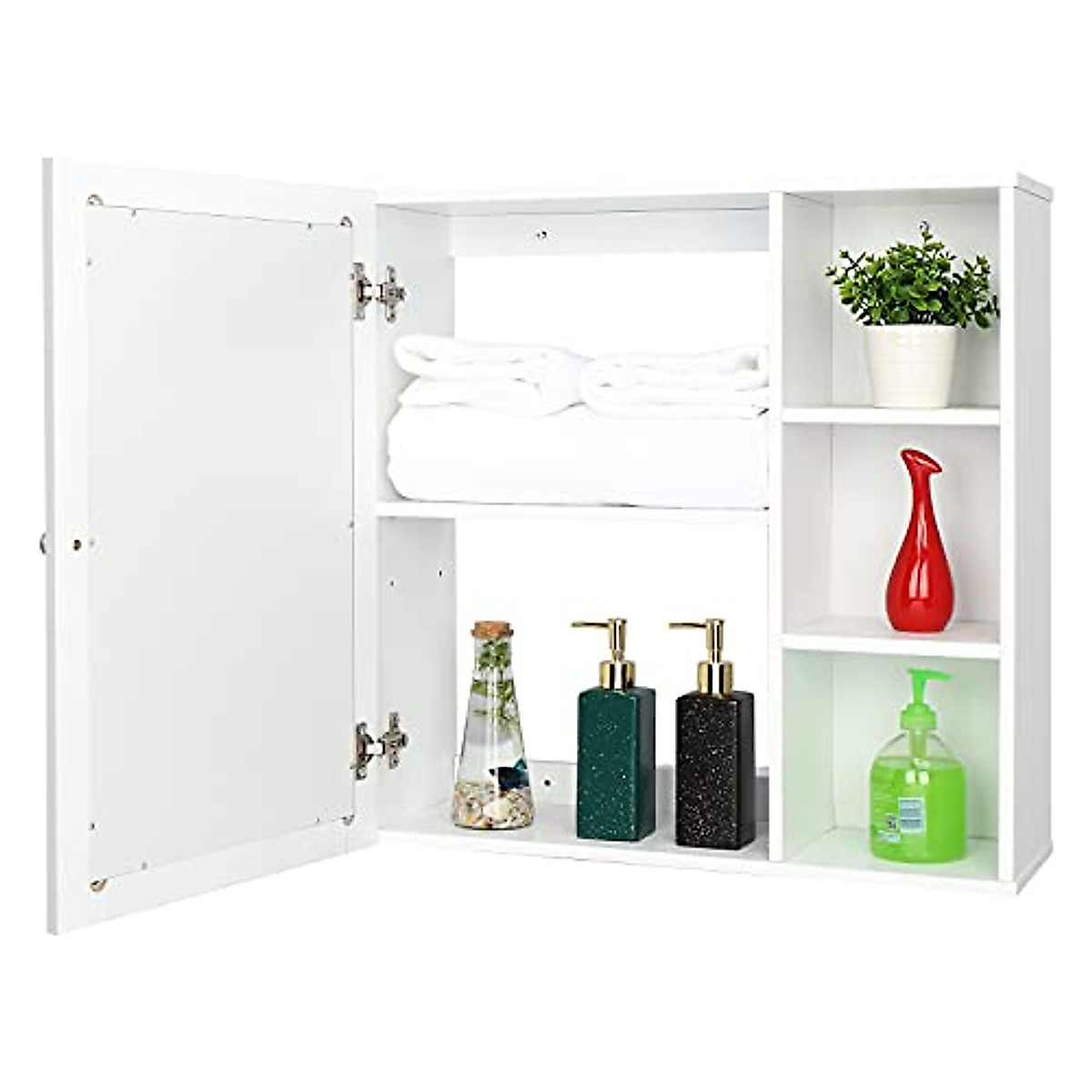 Doredo Bathroom Cabinet Wall Mounted with Mirror, Medicine Cabinets for Bathroom, Wall Cabinets for Bathroom Storage with Adjustable Shelf and 3 Open Shelves, Hanging Bathroom Cabinet, White