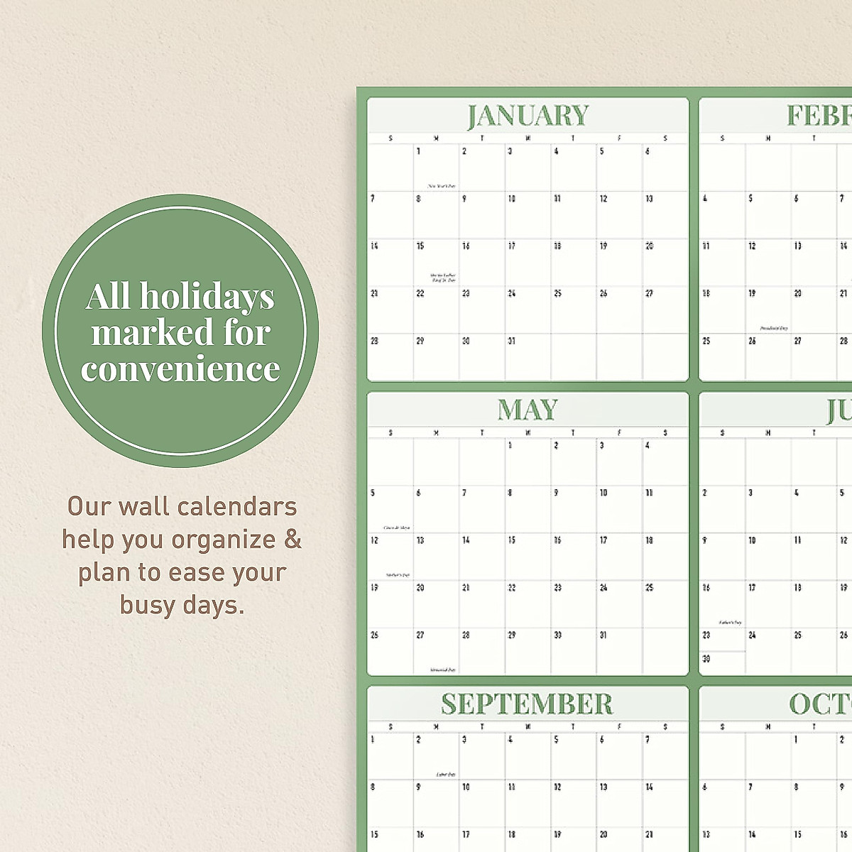 Rileys & Co 2025 Large Annual Erasable Laminated Wall Calendar, Jan 2025 - Dec 2025, 24 x 36 Inch, 2-Sided Reversible Vertical/Horizontal (Green)