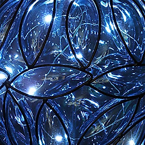 Exhart Outdoor Garden Solar Lights, Tear-Shaped Glass and Metal Hanging Lantern, 15 Firefly LED Lights, 7 x 24 Inch, Blue