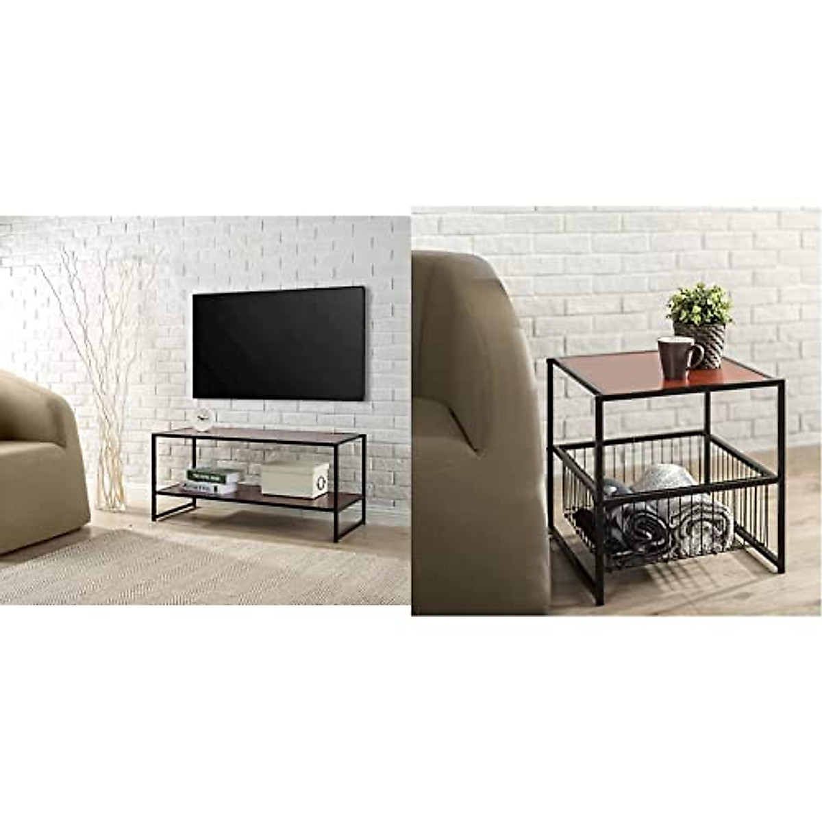 Zinus TV Stand with Shelf, Red Mahogany Wood Grain Dane 20 Inch Black Frame Side Table with Storage Basket/End Table/Easy Assembly, Red Mahogany Wood Grain