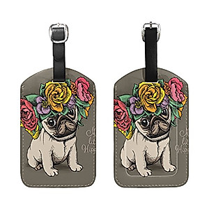 ALAZA Hippie Pug Dog Floral Luggage Tag for Baggage Suitcase Bag Leather 1 Piece