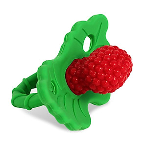 RaZbaby RaZberry Silicone Baby Teether Toy - Berrybumps Soothe Babies Sore Gums - Infant Teething Toy - Hands Free Design - BPA Free - Easy-to-Hold Design - Teething Relief Pacifier - Fruit Shape/Red