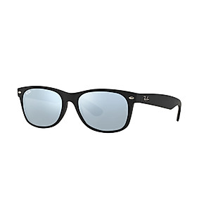 Ray-Ban RB2132 New Wayfarer Square Sunglasses, Rubber Black/Light Green Mirrored Silver, 52 mm