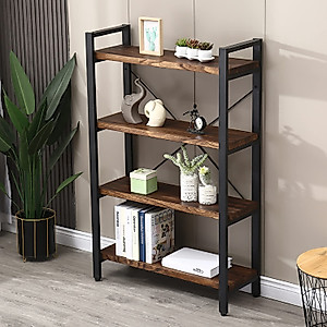 WH-AOERPUMY Solid Wood Bookshelf,4 Tier Rustic Vintage Industrial Etagere Bookcase, Open Metal and Wood Vintage Book Shelf, Retro Brown (Real Wood)(4-Tier)
