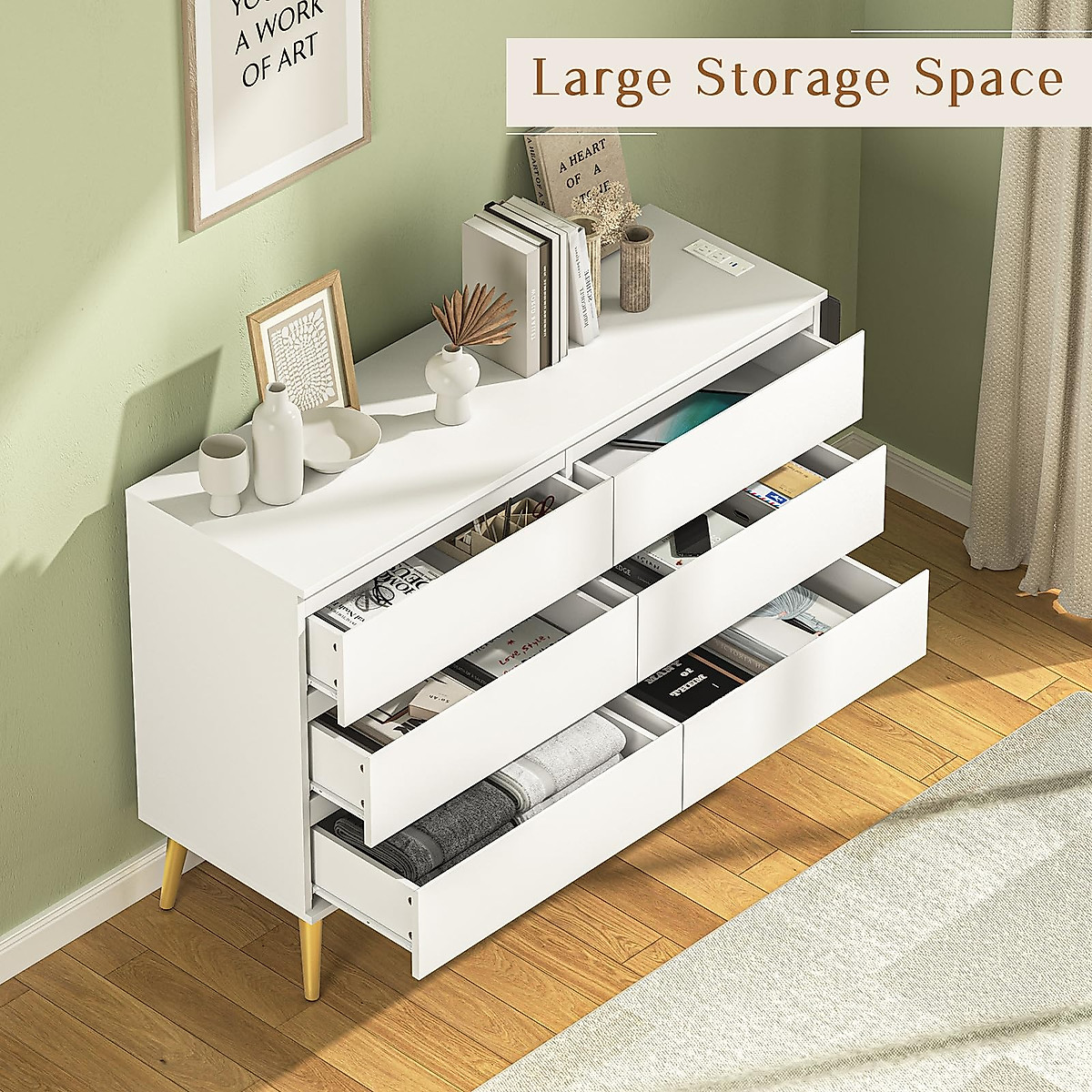 TJYGO White Dresser with Charging Station, Modern Chest 6 Drawers, Clothing Organizer with Wide Storage Space, Storage Cabinet for Living Room, Bedroom, Closet, Hallway