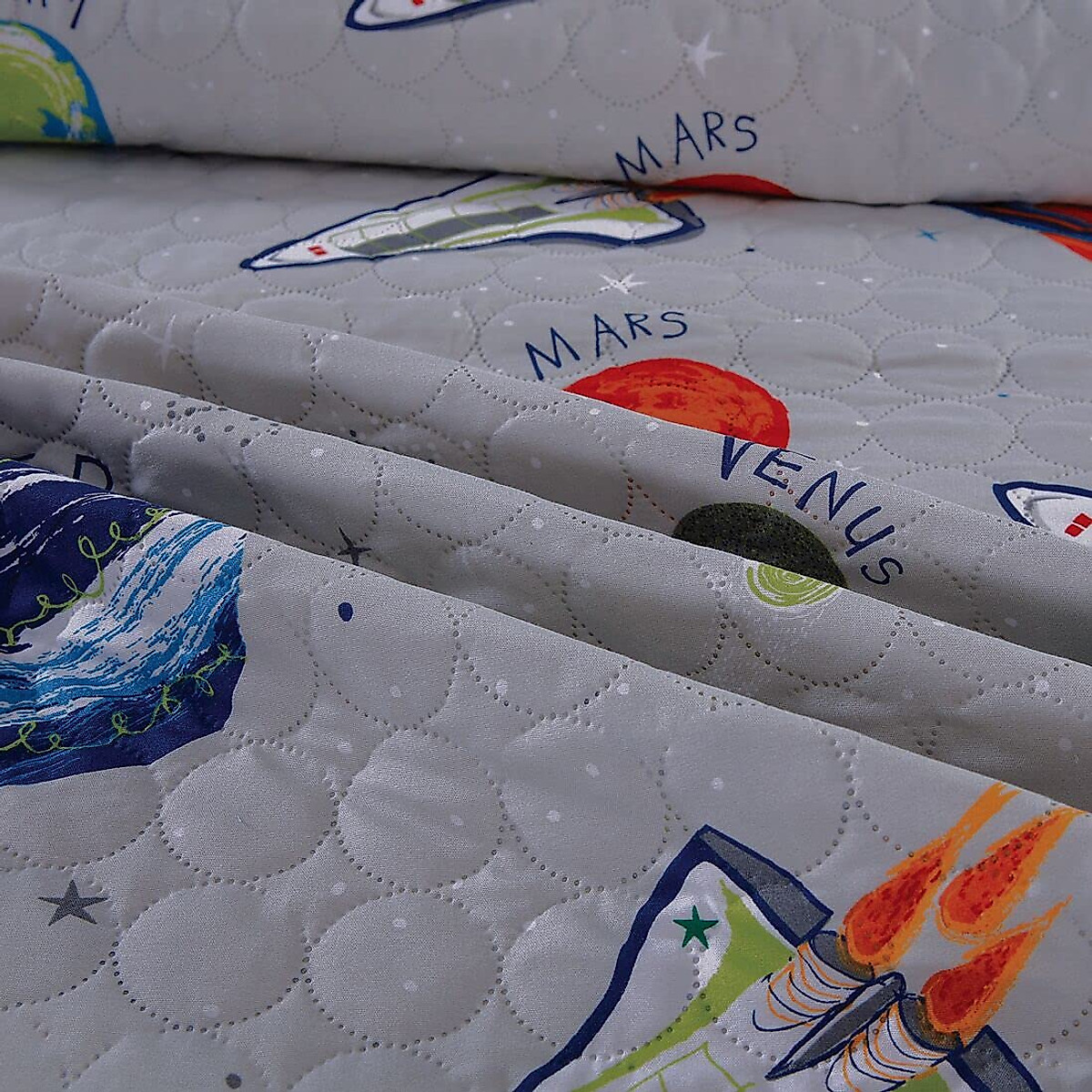 3 Piece Space Quilt Summer Bedspreads Full/Queen Size Kids Planet Bed Cover Lightweight Coverlet Set Blanket Universe Bedding-Gray White