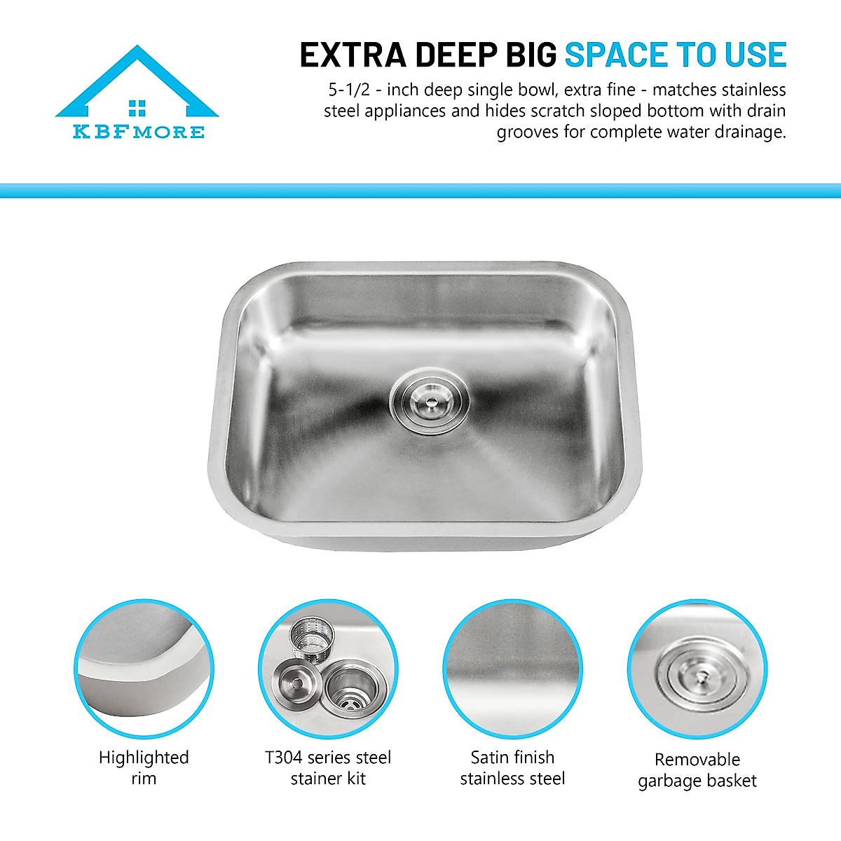 KBFmore 23 Inch Single Bowl ADA Compliant Stainless Steel Kitchen Sink, Rust Resistant Sound and Heatproof Shallow Drain 18 Gauge Undermount Sink with Sink Strainer and Removable Garbage Basket