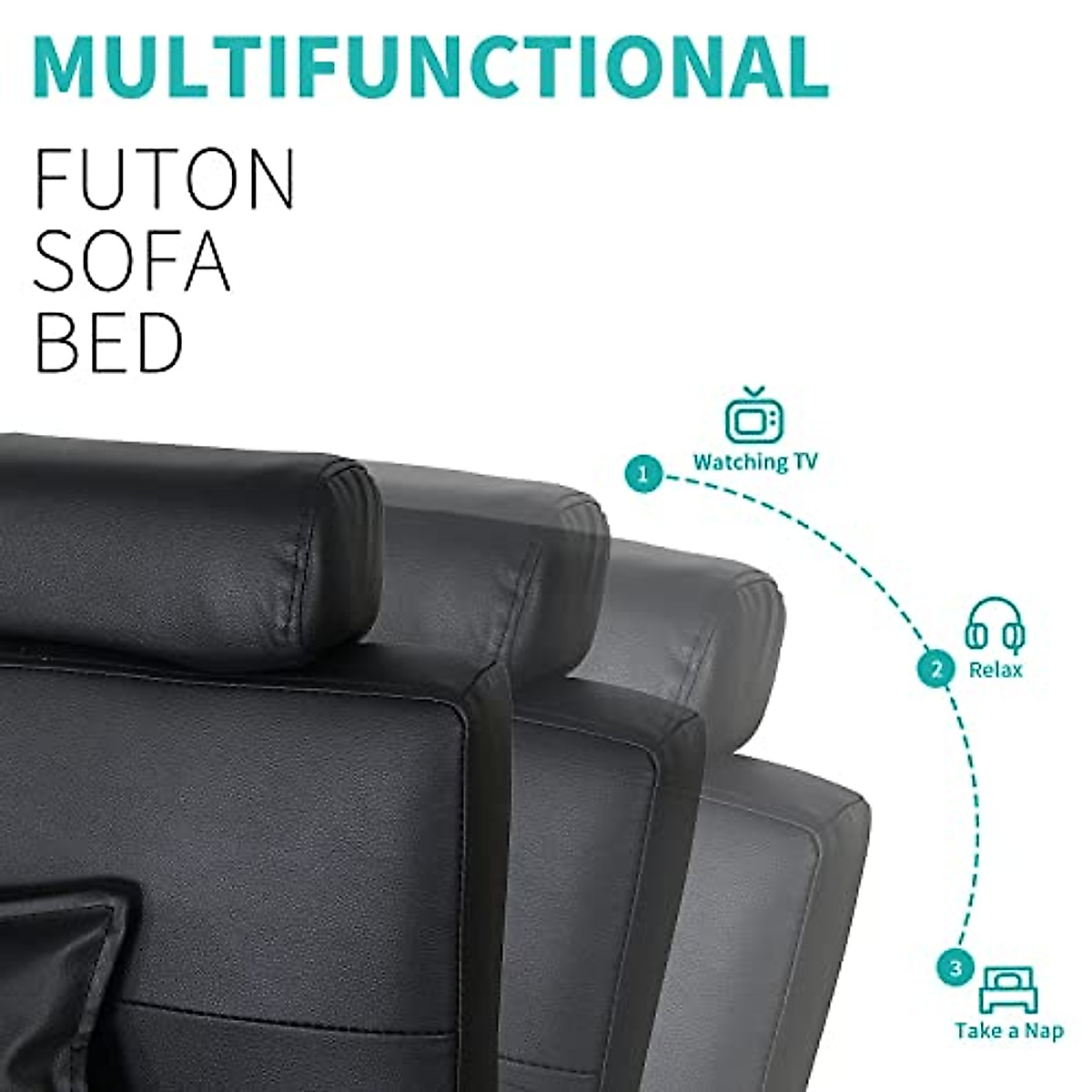 Small Faux Leather Futon Sofa Bed Adjustable Convertible Sleeper Sofa for Living Room, Apartment, Dorm w/Storage Ottoman Coffee Table Bench, Lumbar Pillows and Folding Recliner (Black Sofa Bed)