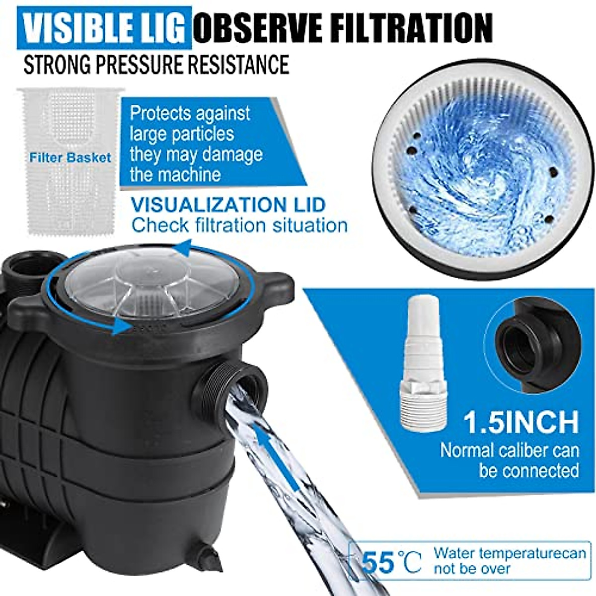 TOPDEEP 1.5 HP Pool Pump Inground, Self Primming pool pump above ground, Single Speed Swimming pool pumps Dual voltage with Strainer Basket & 2Pcs 1-1/2NPT Connectors