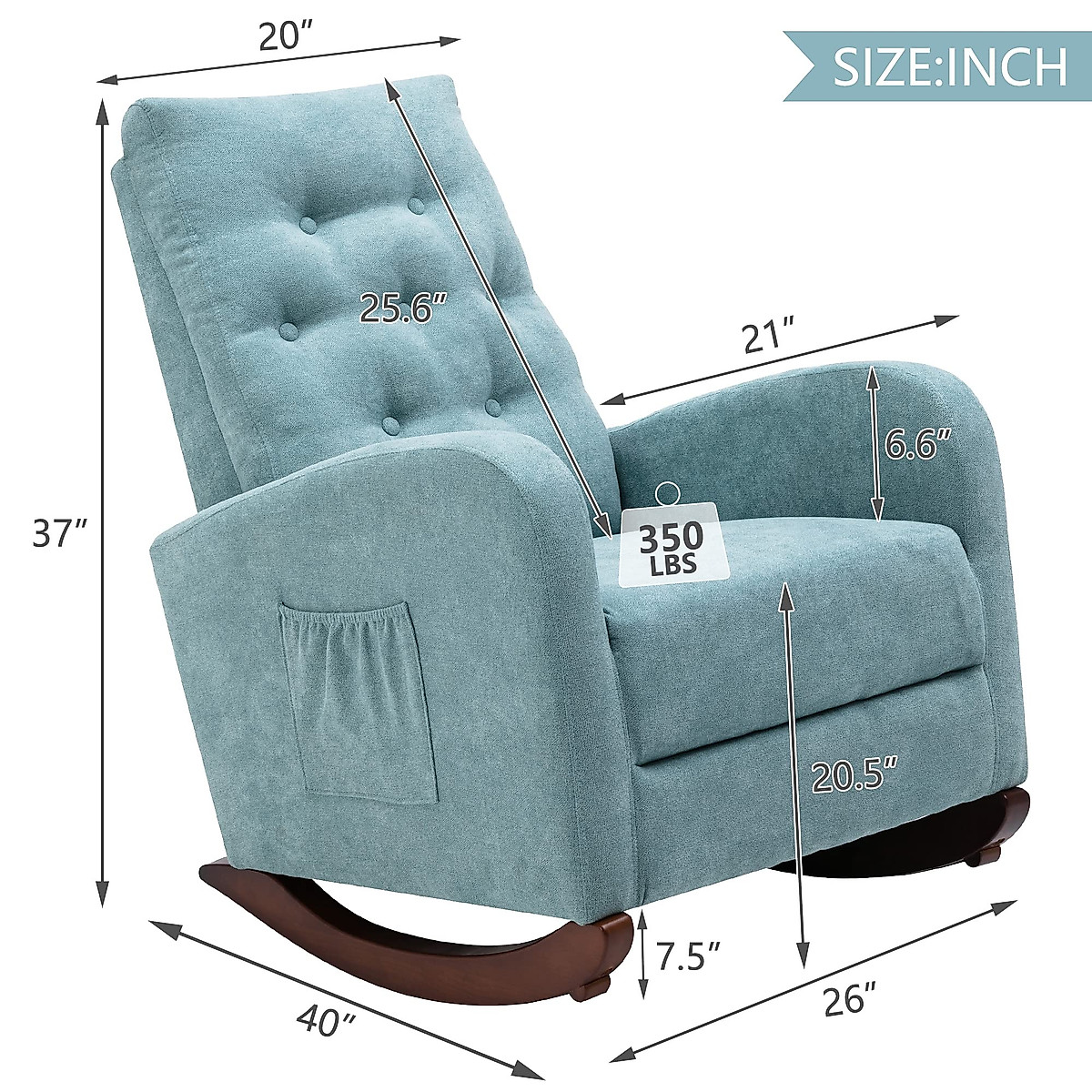 BOSTANA Rocking Chair Nursery,Upholstered Velvet Glider Chair with High Backrest & Rubber Wood Legs & Side Pocket,Rocker Armchair for Livingroom,Bedroom,Lounge,Babyroom