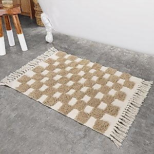 Lahome Checkered Boho Bath Mats, Neutral 2x3 Bathroom Rug Machine Washable Tufted Throw Rugs with Tassels, Fluffy Farmhouse Area Rug Non-Shedding Cotton Carpet for Bedroom Dorm, Khaki