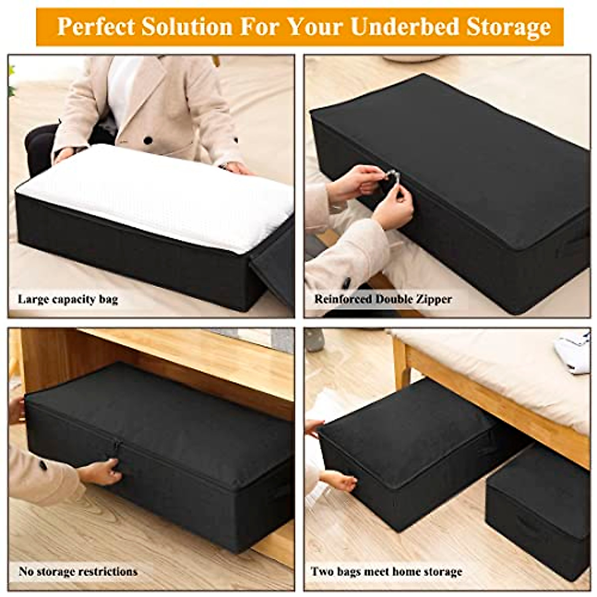 Punemi Under Bed Storage, 2 Pack Underbed Storage Container Bags With Lid, Foldable Sturdy Clothes Storage Drawer Organizer W/ 3 Handles, Ultra Thick Fabric Blanket Shoe Storage Box, 30x15x6.7inch, Black