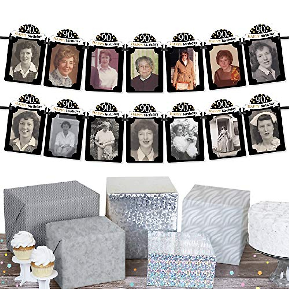 Big Dot of Happiness Adult 90th Birthday - Gold - DIY Birthday Party Decor - Picture Display - Photo Banner