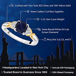 Gem Stone King 925 Sterling Silver and 10K Yellow Gold 2 Tone Blue Sapphire and White Lab Grown Diamond Engagement Ring For Women (1.33 Cttw, Cushion 6MM, Available In Size 5, 6, 7, 8, 9)