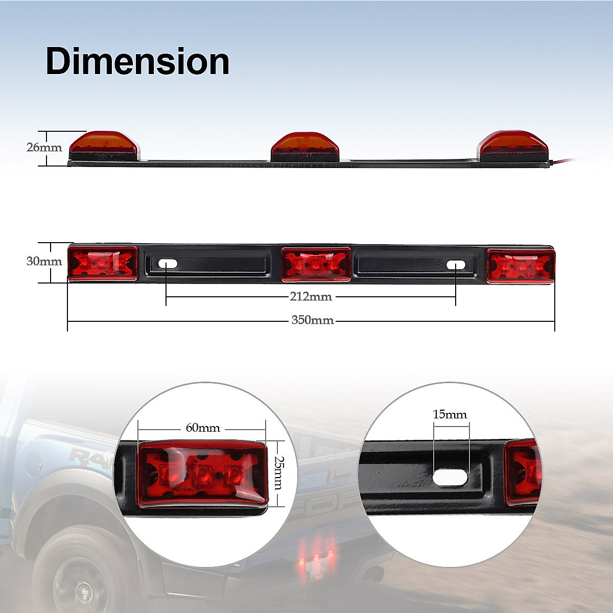 Partsam Red Clearance ID BAR Marker Light 3 Light 9 LED Trailer Sealed Stainless Steel, [DOT Approved] Sealed 3-Light Truck and Trailer Identification LED Light Bar Red Led Strip w/Black Base