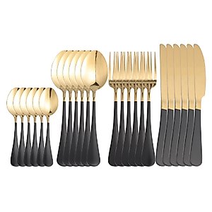 FNDY Fork Spoons Knives Stainless Steel Cutlery Set Black Tableware Dishwasher Safe Cutlery Set 24 Pieces Coffee Spoon Cutlery Knives and Forks Mixed Cutlery Sets (Color : Black gold 24pcs)