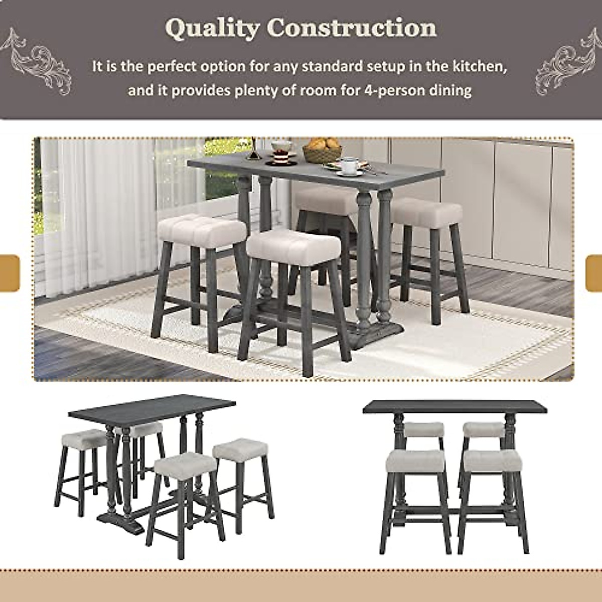 Hlcodca Modern 5-Piece Dining Table Set, Counter Height Dining Furniture with a Rustic Table and 4 Upholstered Stools for Kitchen, Dining Room (Gray@Y)
