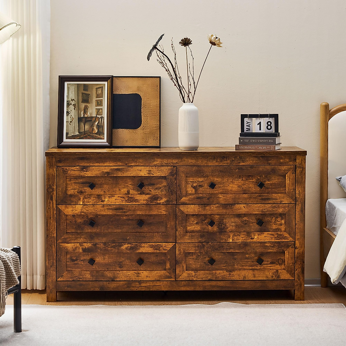 VanAcc 6 Drawers Dresser for Bedroom, Farmhouse Wood Chest of Drawers with Vintage Grain Texture, Drawer Double Dresser for Bedroom, Living Room, Hallway, Rustic Brown