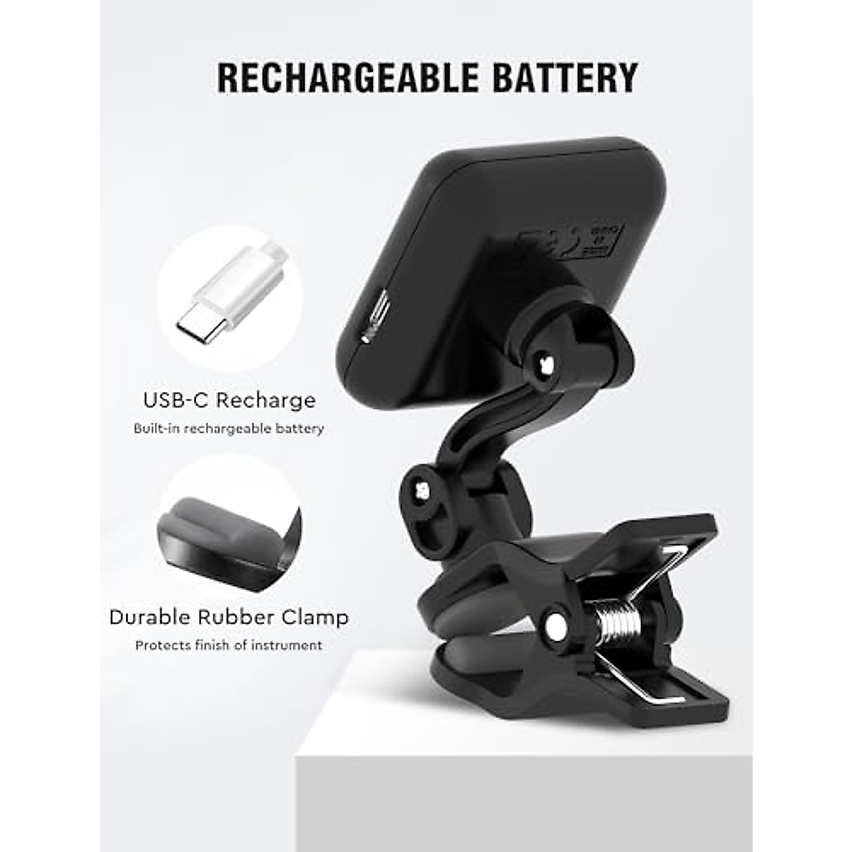 Linrax LT-2 Guitar Tuner Rechargeable Clip On Tuner for Guitar, Bass, Ukulele, Violin, Banjo, Chromatic Tuner with LCD Color Display, Digital Tuner for Stringed Instruments, Guitar Accessories, Black