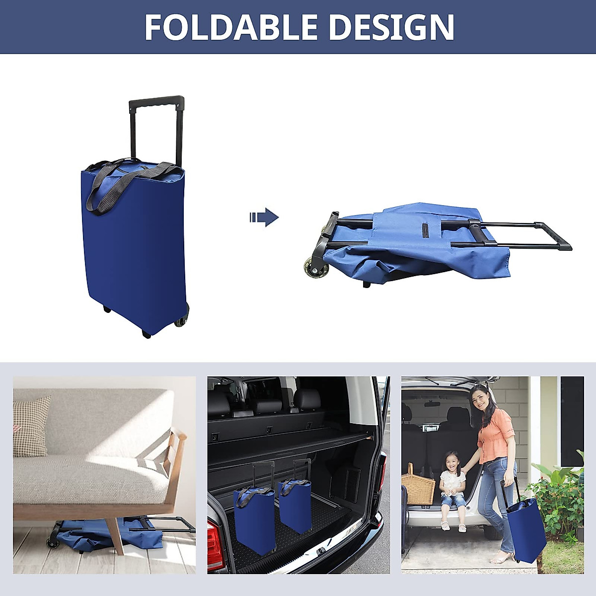 Ikaufen Folding Shopping Cart with Wheels, Portable Foldable Utility Cart, Heavy Duty Shopping Carts for Groceries with Removable Waterproof Shopping Bag for Supermarket Travel Camping