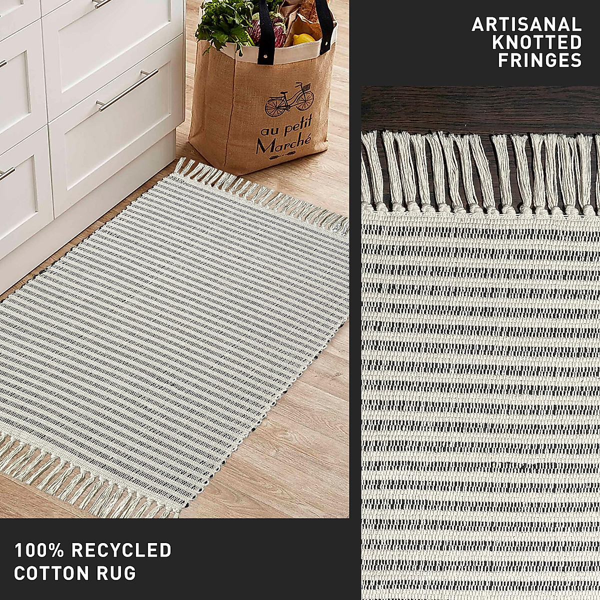 Chardin home Black & Ivory Providence Throw Rug 2x3 feet |Hand Woven Farmhouse Rug | Great in Kitchens entryways doormats Bathrooms Meditation Mat | Machine Washable & Reversible Cotton Rug