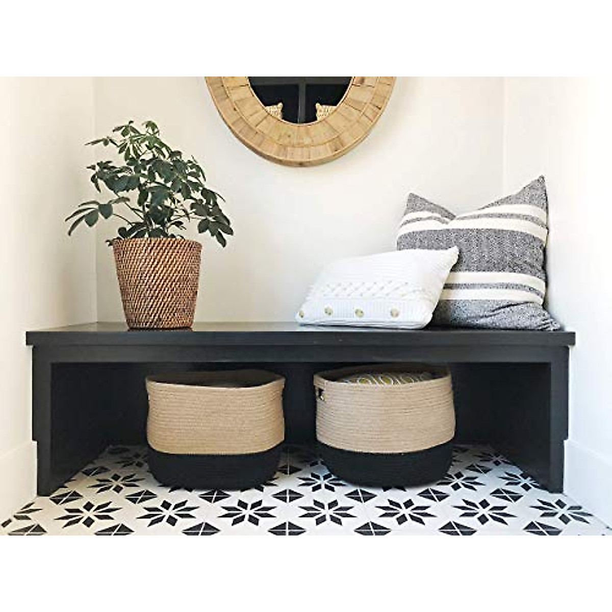 Chloe and Cotton Woven Cube Storage Baskets with Handles | Set of 2 | Cute Decorative Bins For Shelves, Bookcases, Cubbies, & Organizing Containers | Black & Tan