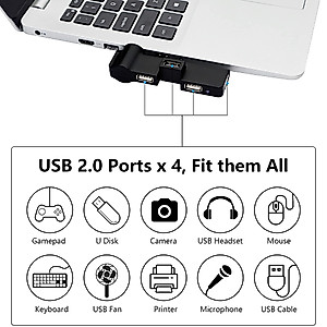 RIIEYOCA 4 Port USB 2.0 Hub, 90°/180° Degree rotatable USB Expansion allocator, for PC, Laptop, Keyboard, Mouse, Hard Drives and Other USB 2.0 Adapter(Black)