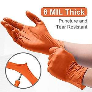 WECARE Orange 8 Mil Nitrile Gloves Large 50 Pack - Heavy Duty Mechanic Gloves, with Diamond Grip - Powder and Latex Free Disposable Gloves