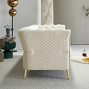 Tmsan 87.4" Velvet Sofa Couch, Mid-Century Modern Chesterfield Loveseat Classic Button Tufted 2 Seater Couch with Golden Legs for Living Room Office Bedroom (Beige)