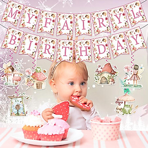 NO-DIY My Fairy First Birthday Decorations Banner Hanging Swirls, Fairy Birthday Decorations, Flower Fairy Themed Birthday Party Decorations Includes 1 Banner 16 Hanging Swirls for Girls Baby Shower