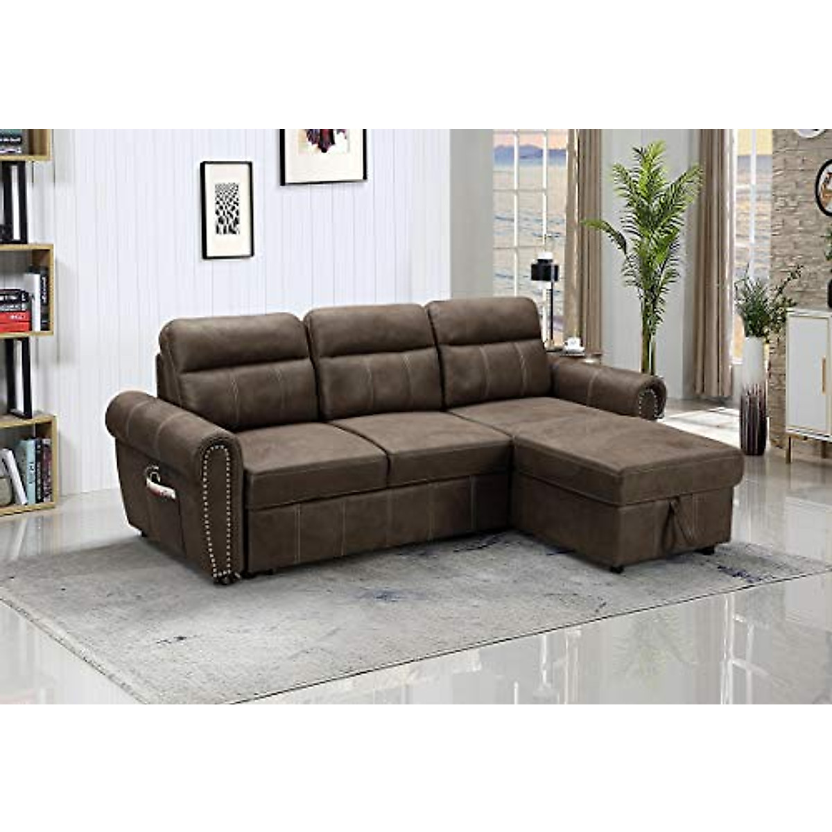 ERYE L-Shaped Oversized Reversible Convertible Tufted Sleeper Sectional Sofa with Pull Out Sleeper Couch Bed,USB Ports, Nailhead Decor Armrests and Storage Chaise for Living Room