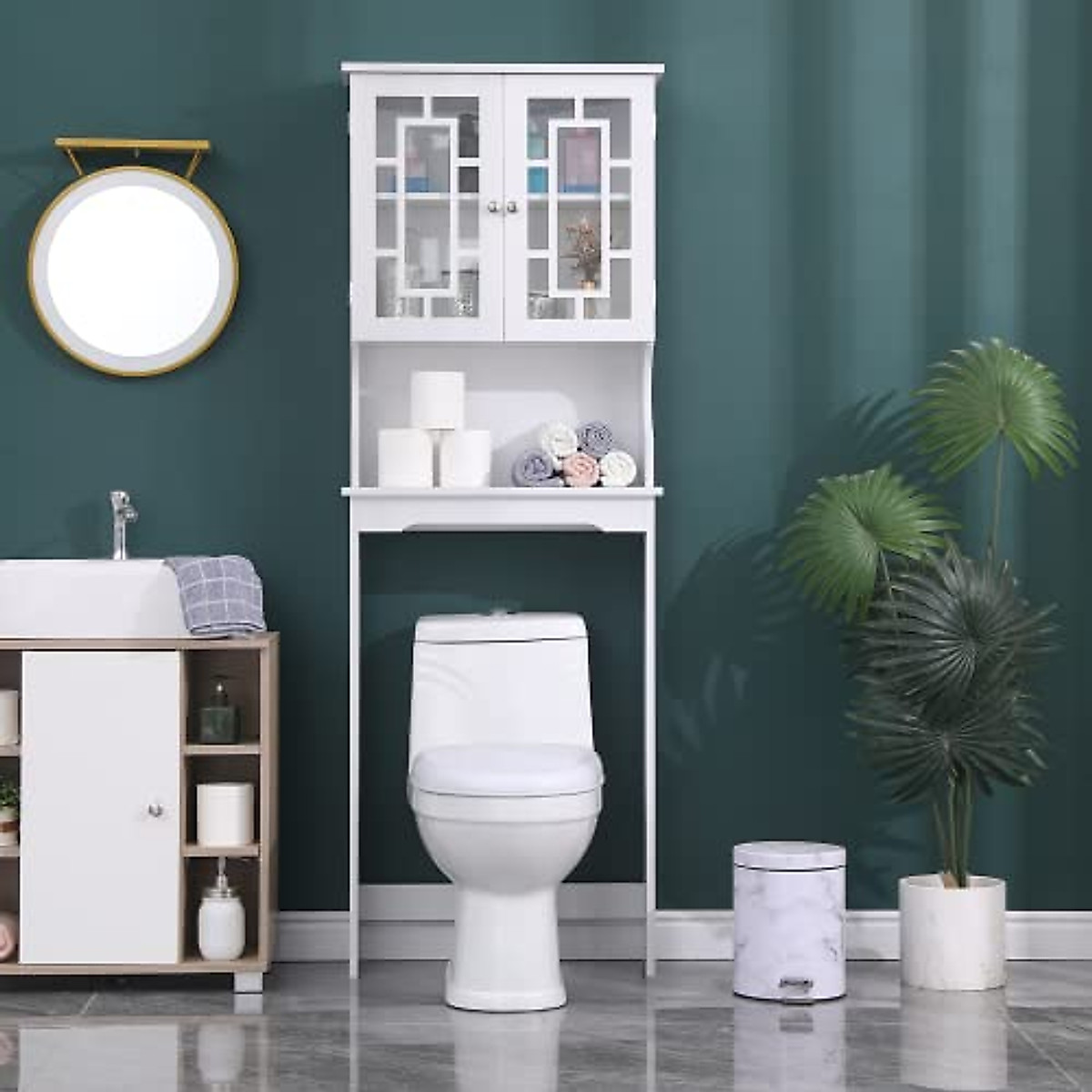RICHRYCE Over-The-Toilet Storage, Wooden Bathroom Organizer, with 2 Glass Doors & Adjustable Shelf,Over Toilet Cabinets for Bathroom，67.1''L x 23.6''W x 8.5''H,(White)
