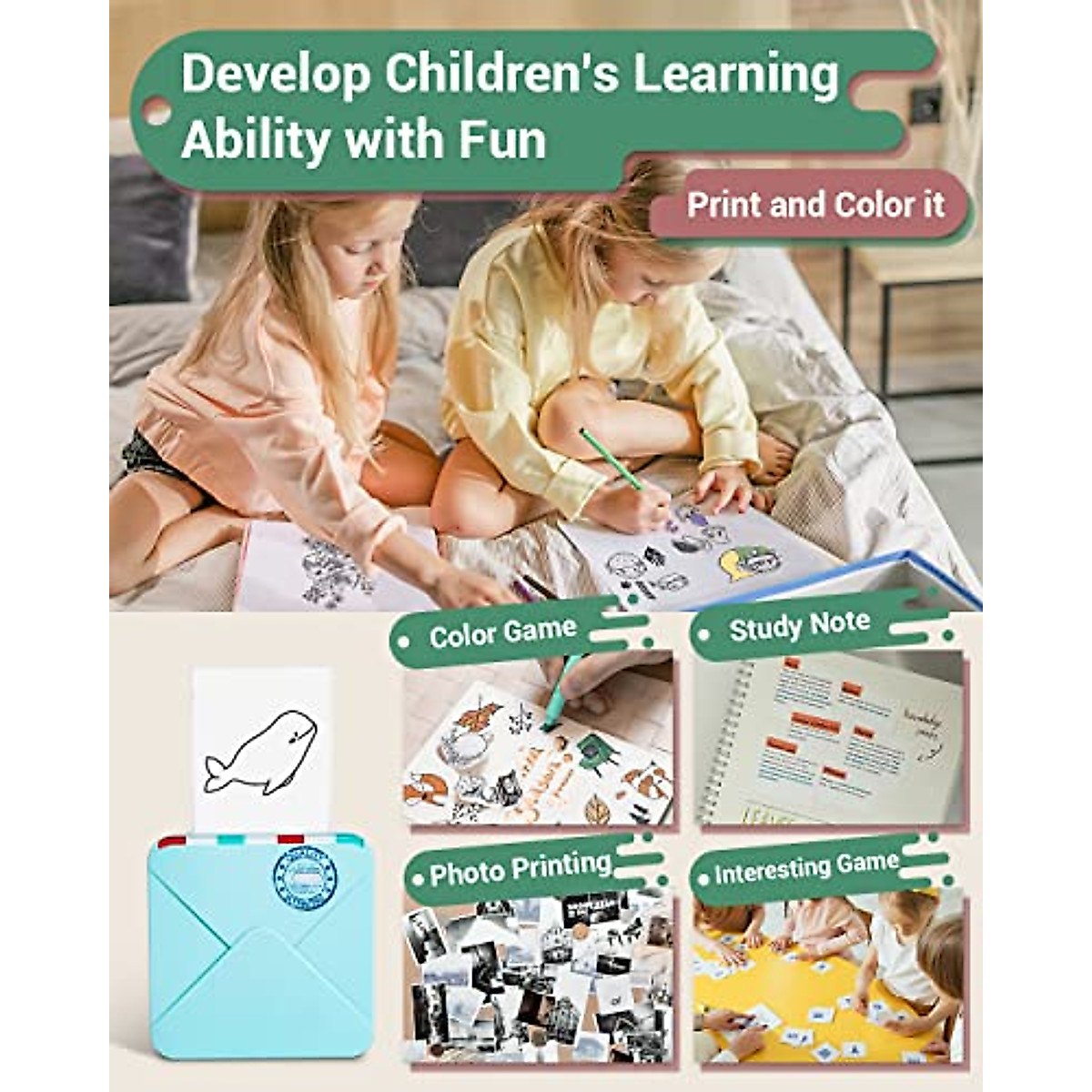 Phomemo M02S Pocket Printer- 300 dpi HD Bluetooth Thermal Photo Printer Compatible with iOS and Android, Black and White Image for Photo Printing, Plan Journal, Organization, Art Creation, Gift, Cyan