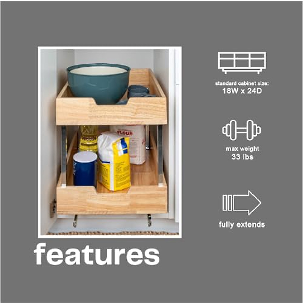 Household Essentials 2 Tier Pull Out Cabinet Organizer, Solid Wood Basket, Fully Extending Gliders, Bottom Cabinet Organizer, Heavy-Duty, Natural Finish and Chrome