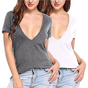 Beyove Women's Classic-Fit Short-Sleeve V-Neck T-Shirt, Multipacks White Grey