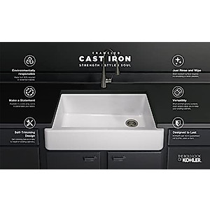 KOHLER K-6487-0 Whitehaven Farmhouse Self-Trimming 29-11/16" x 21-9/16" x 9-5/8" Front Undermount Single-Bowl Kitchen Sink with Tall Apron, 30 Inch, White
