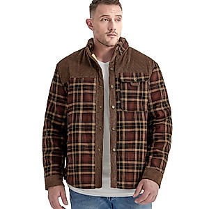 Flygo Men's Outdoor Casual Vintage Buck Fleece Sherpa Lined Flannel Camp Plaid Shirt Jacket(Coffee-M)