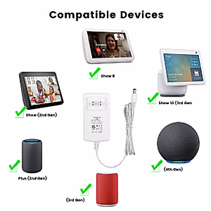 Show 8 Power Cord Adapter Replacement for Alexa 4th / 3rd Gen, Show 10 (3rd Gen), Alexa Plus 2nd Gen, Alexa Show 2nd Gen - 30W White Charger Plug with 5ft Long Cable