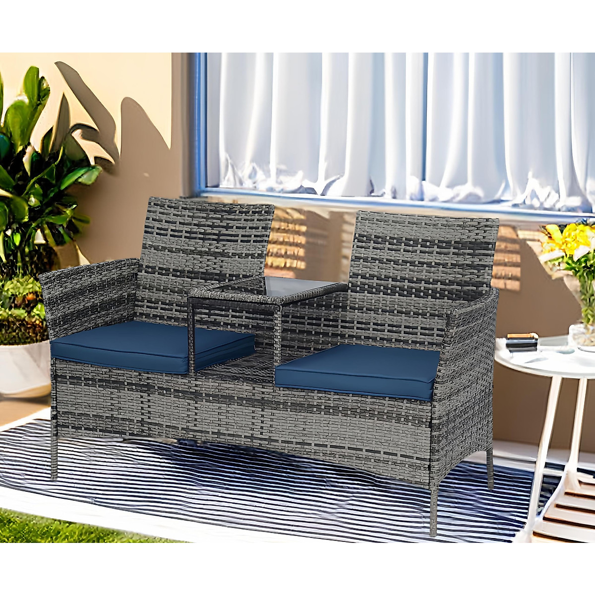 PatLoom Outdoor Patio Loveseat Set with Coffee & Cushions, 2-Seat Wicker for Rattan, Garden, Lawn Weather Resistant