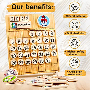 Panda Brothers Wooden Perpetual Calendar - Montessori Toy for Kids Learning Seasons, Months and Days of The Year, Preschool Calendar for Kids Learning at Home and Classroom Teaching, on Desk and Wall