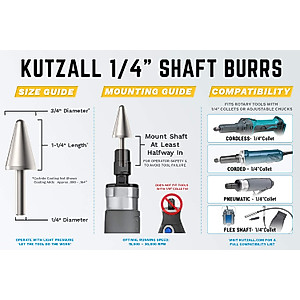 Kutzall Original Taper Rotary Burr, 1⁄4" Shaft, Fine - Woodworking Attachment for Bosch, DeWalt, Milwaukee, Makita. Abrasive Tungsten Carbide, 3⁄4" (19mm) Head Dia X 1-1⁄4" (31.8mm) Length, T-34G
