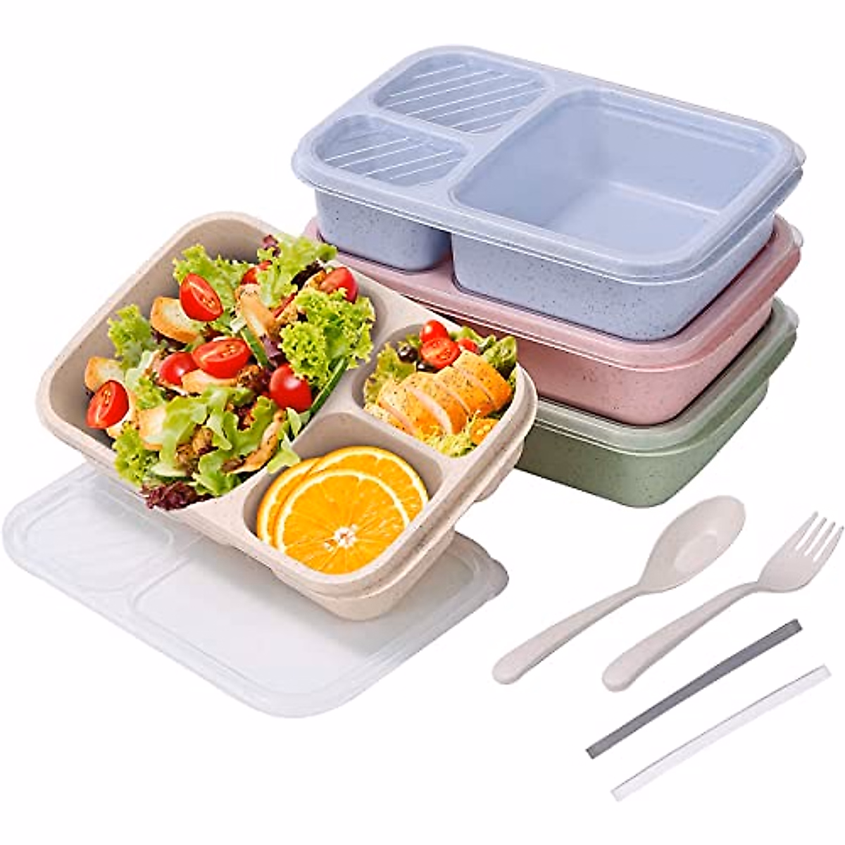 Mcostar Bento Lunch Box, 4 Pack Lunch Box for Kids, 3-Compartment Meal Prep Containers Reusable, Durable BPA Free Wheat Straw Food Storage Bento Boxes Suitable for Schools, Companies,Work and Travel