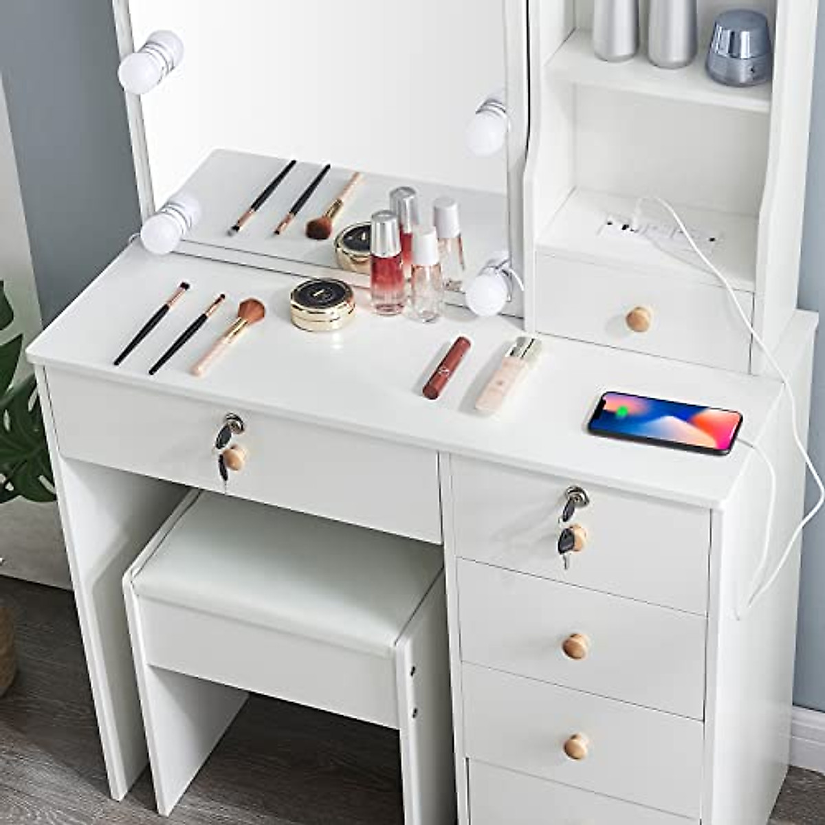 Xinhonglei Large Vanity Set with 10 LED Lights and Charging Station, Makeup Vanity Dressing Table with 5 Drawers, Vanity Table with Cushioned Stool, White Dresser for Bedroom