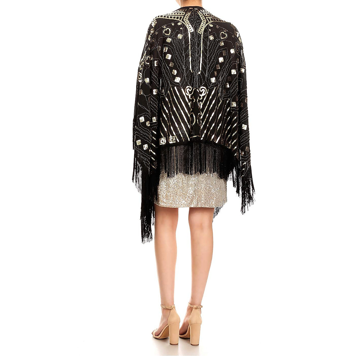 Anna-Kaci Womens Oversized Gatsby Hand Beaded Fringed Sequin Evening Shawl Wrap, Black+Gold, Onesize