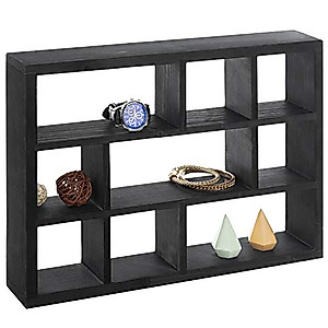 MyGift 15-Inch Wall-Mounted (Vertical or Horizontal) 9-Slot Rustic Wood Floating Shelves/Freestanding Shadow Box, Black