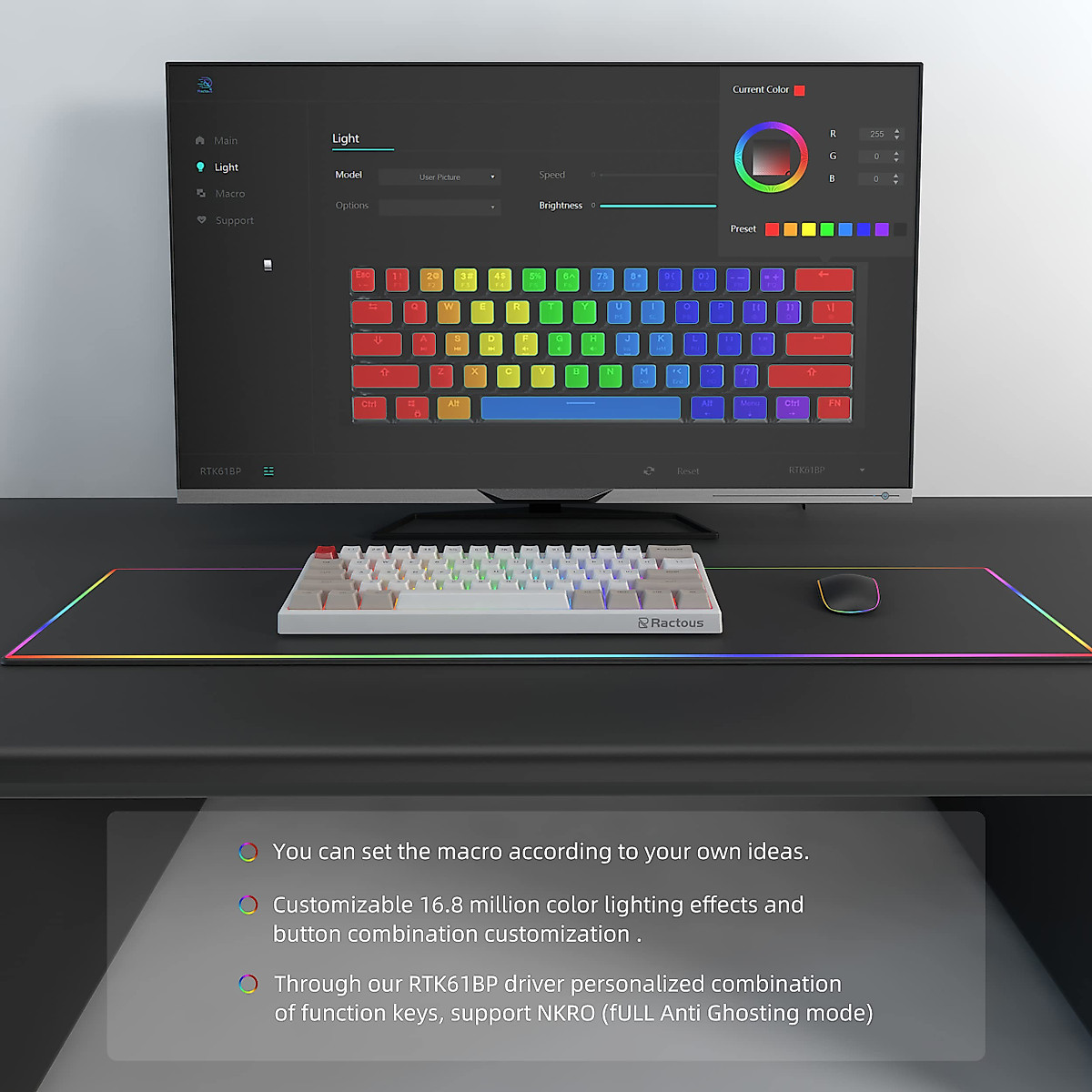 Ractous RTK61BP 60% Wireless Mechanical Gaming Keyboard,RGB Blacklit PBT Sublimation Keycaps 61keys Bluetooth5.1/Wried Gaming Keyboard for PC/Mac Gamers,Hot-Swap Gateron Optical Red Switch-White