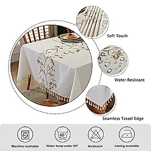 Laolitou Cotton Linen Waterproof Tablecloth for Dining Table Farmhouse Kitchen Rectangle Table Cloth Coffee Wrinkle Free Table Cover, Beige, Coffee Flower, 55x86 Inch