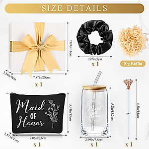 Umigy Bridesmaid Maid of Honor Glass Cup Gift Box Set of 5 Glass Cup with Lid Makeup Bag Scrunchies Hair Tie Diamond Ballpoint Proposal Gift with Raffia for Wedding (Black, White)