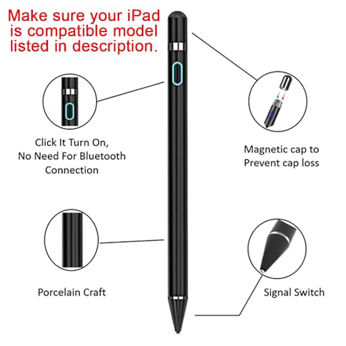Stylus Pen Pencil 1st Generation Gen Replacement for Apple iPad Pro 1st iPad 1st 2nd 3rd 4th 5th iPad Mini 1 2 3 4 iPad Air 1st 2nd iOS Android Capacitive Tablet Touch Screen+Free Holder (Black)