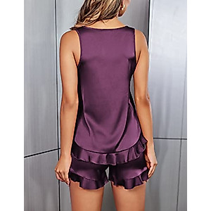 Ekouaer Silk Pajamas for Women Cute Pj Ruffled Sexy Nightwear Tank and Shorts Sleepwear Set Purple M